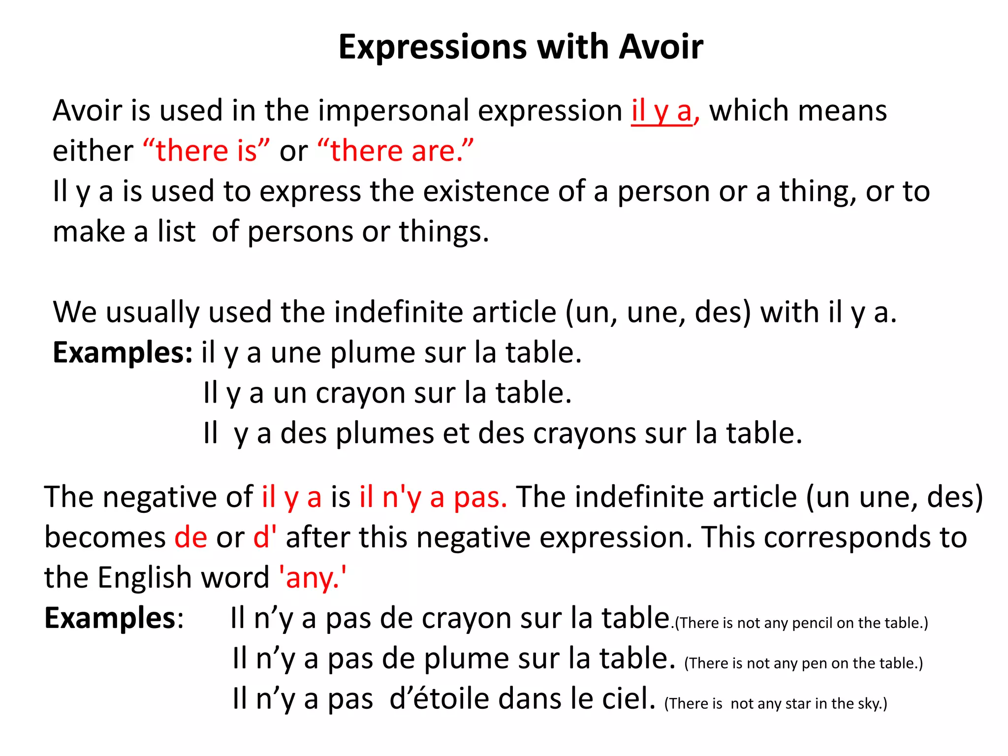 FRENCH: VERBE AVOIR PRESENT DE L’INDICATIF | PPTX