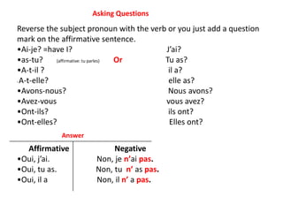 FRENCH: VERBE AVOIR PRESENT DE L’INDICATIF | PPTX