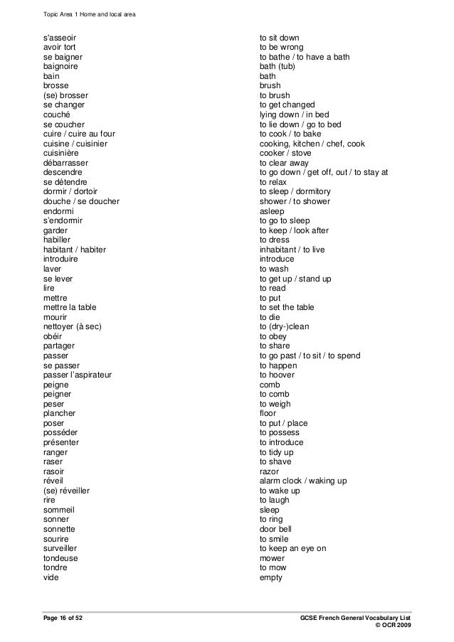 C:\03 French 2009\Vocab Lists CYA\CYA Section E Vocabulary List