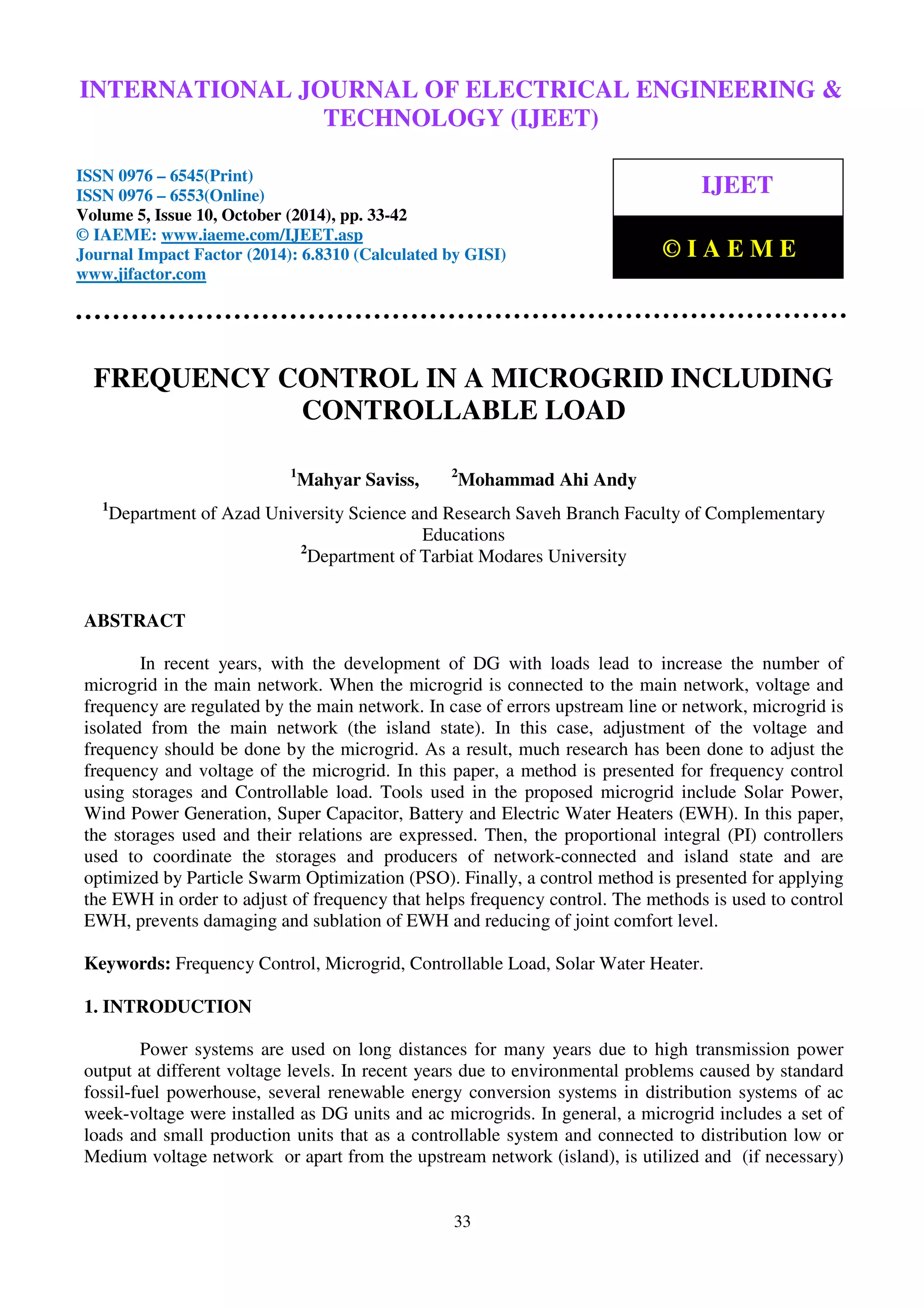 Frequency control in a microgrid including controllable load | PDF