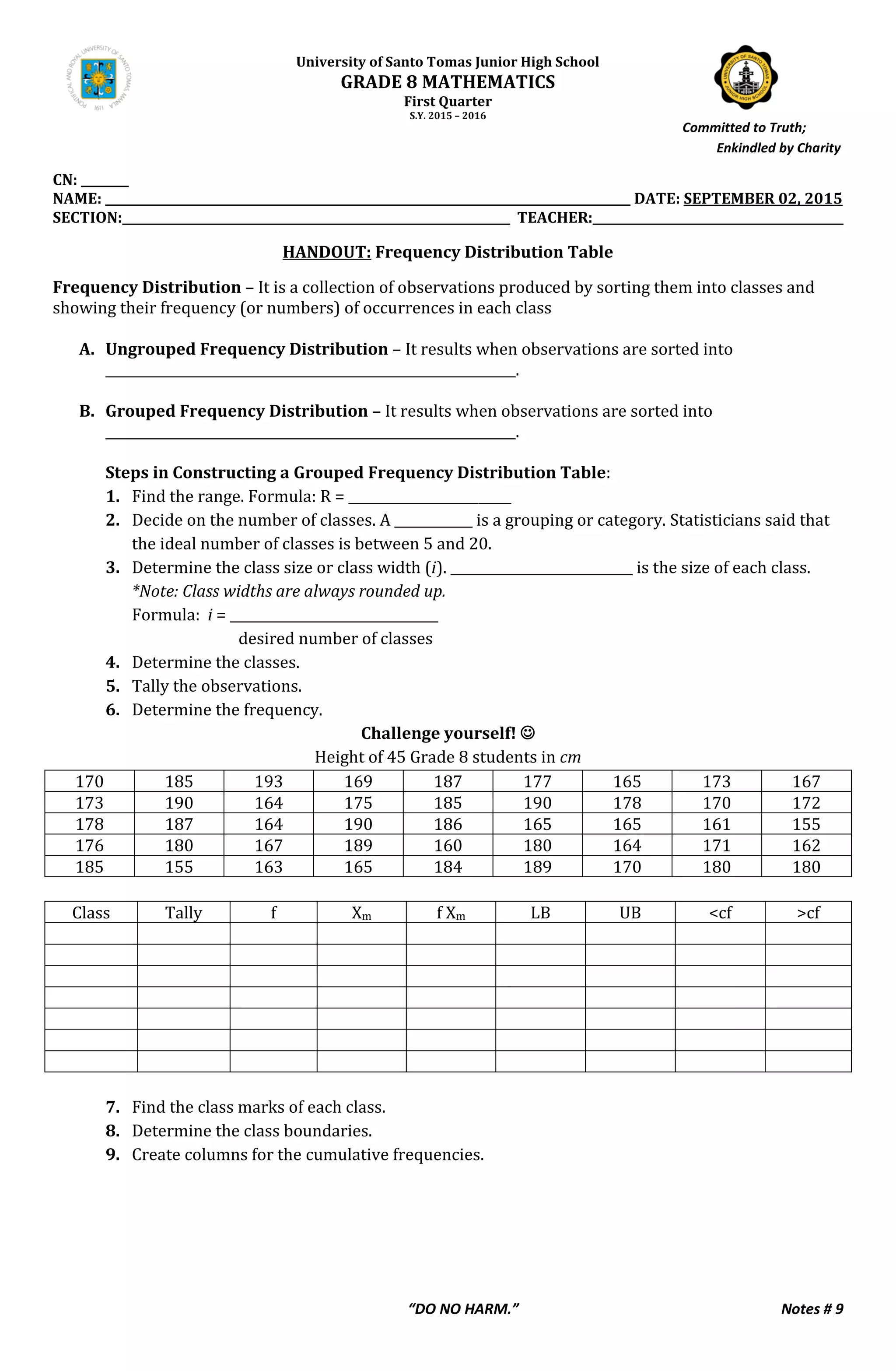 Frequency Distribution Table Handout | PDF