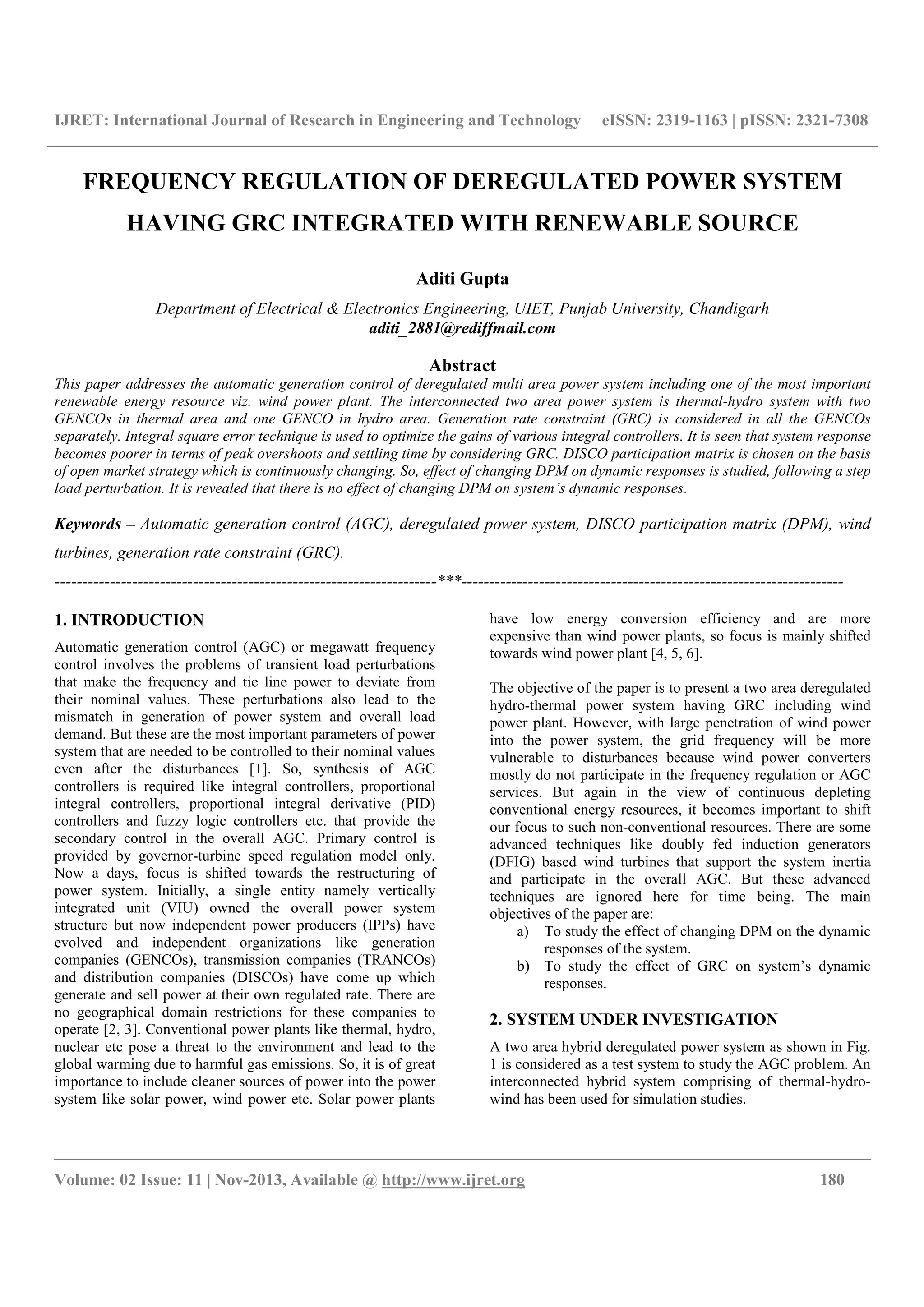 Frequency regulation of deregulated power system | PDF
