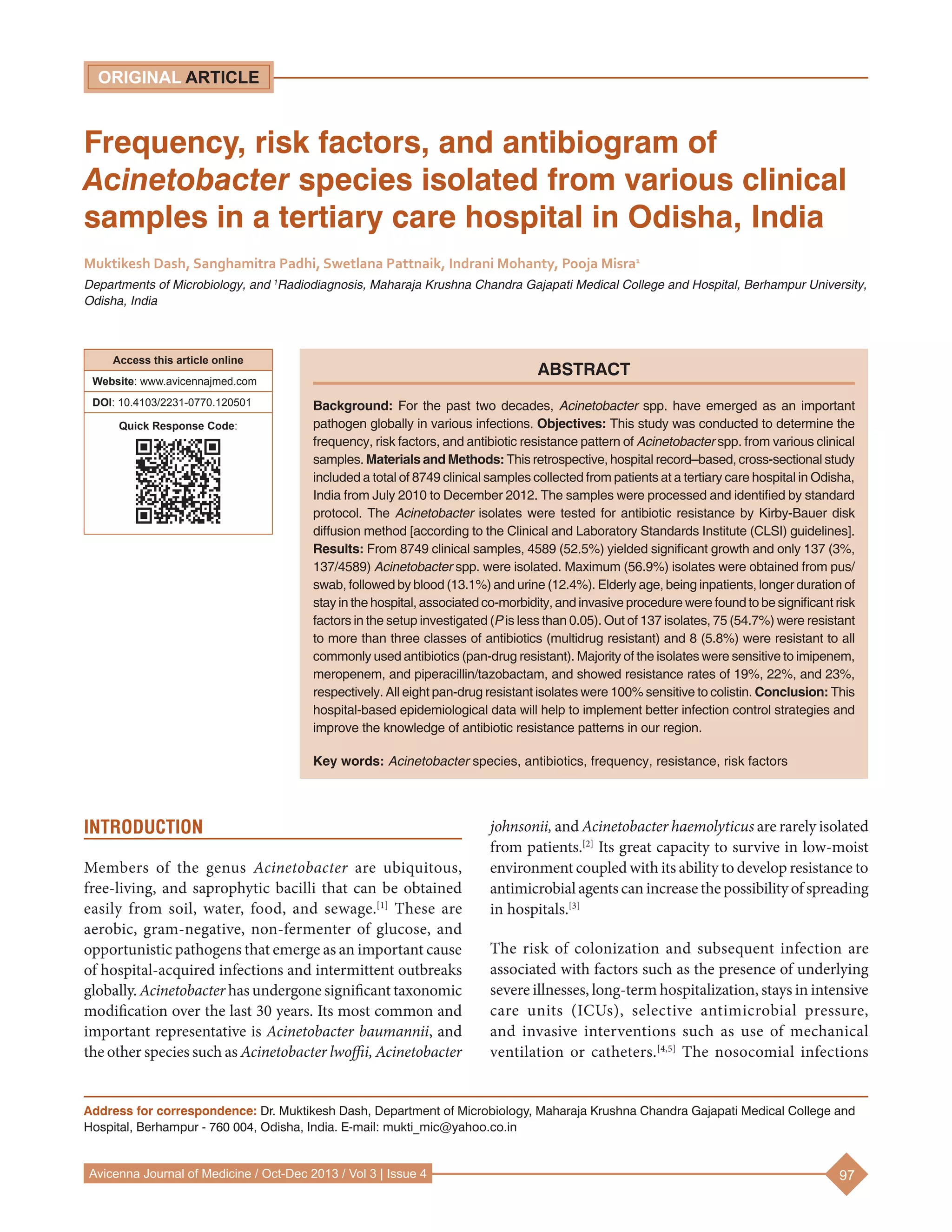 Frequency, risk factors, and antibiogram of Acinetobacter species ...