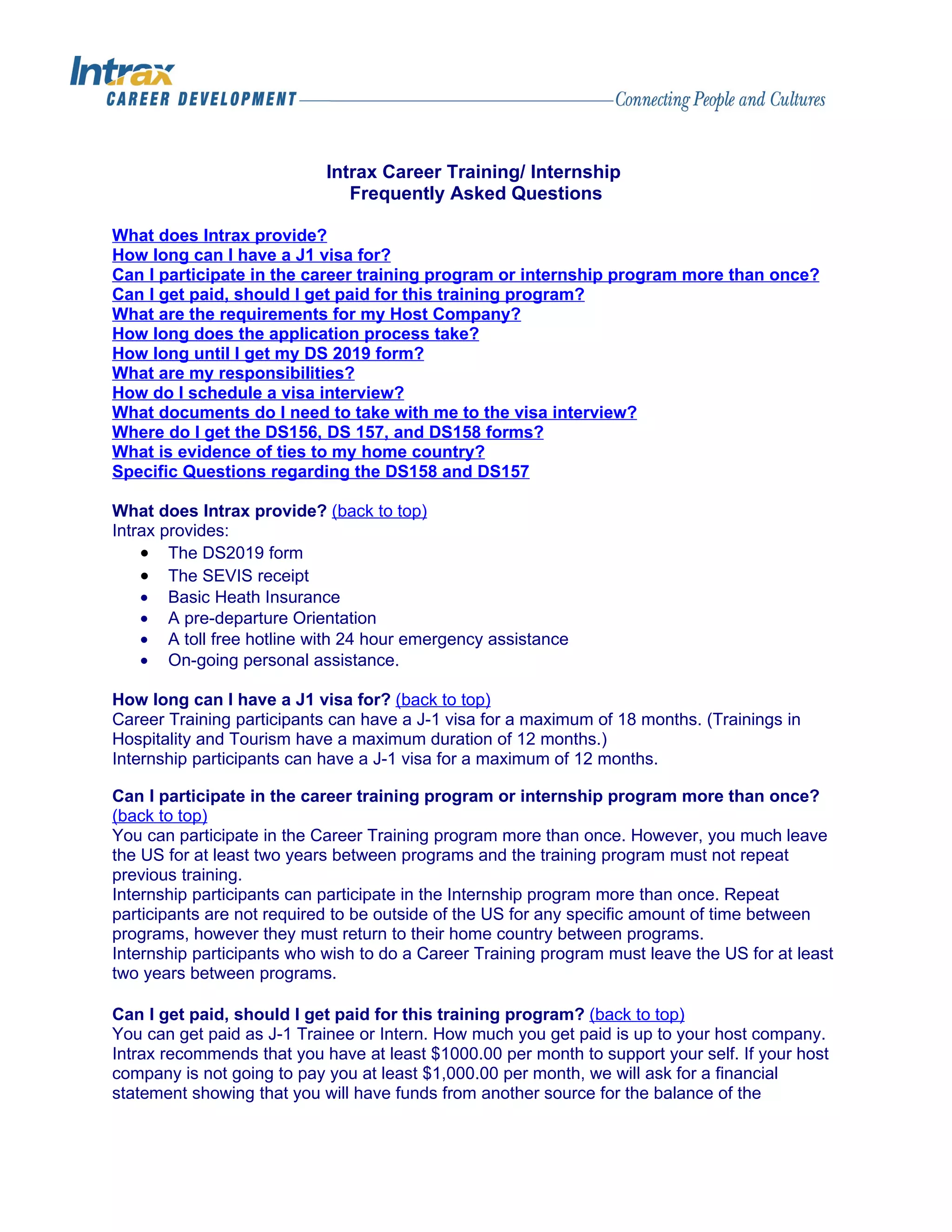 Intrax Career Training/Internship Frequently Asked Questions | DOC