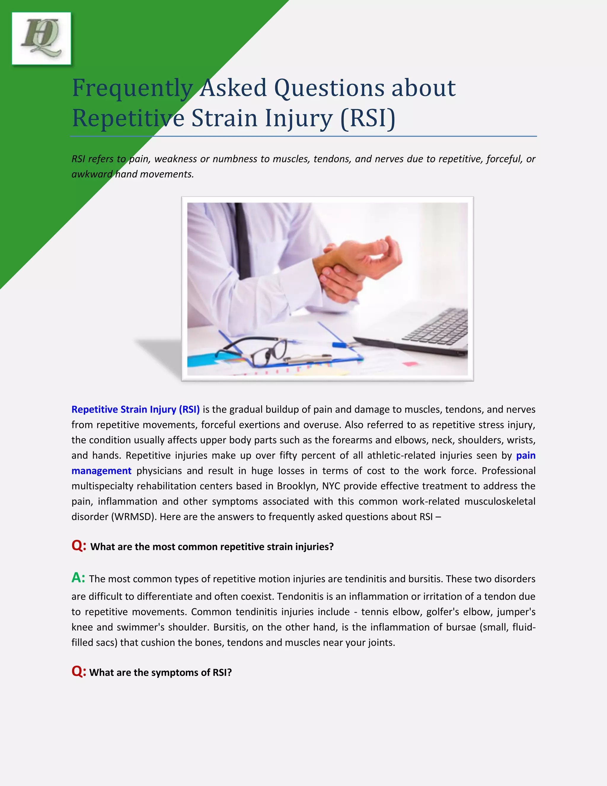 Frequently Asked Questions about Repetitive Strain Injury (RSI) | PDF