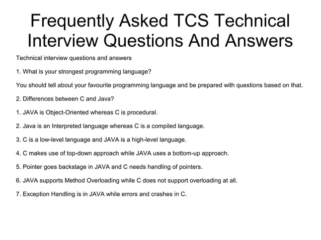 Frequently asked tcs technical interview questions and answers | PPT