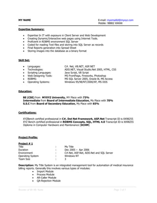 Fresher Dotnet Resume 1 | PDF