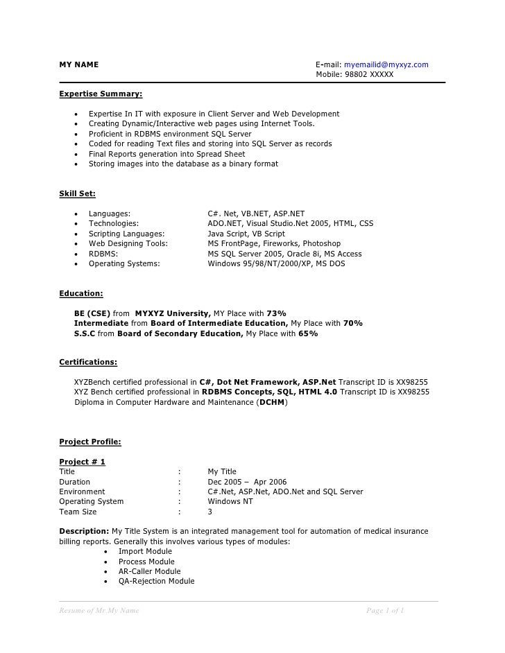 Fresher Dotnet Resume 1 | PDF | Programming Languages | Computing