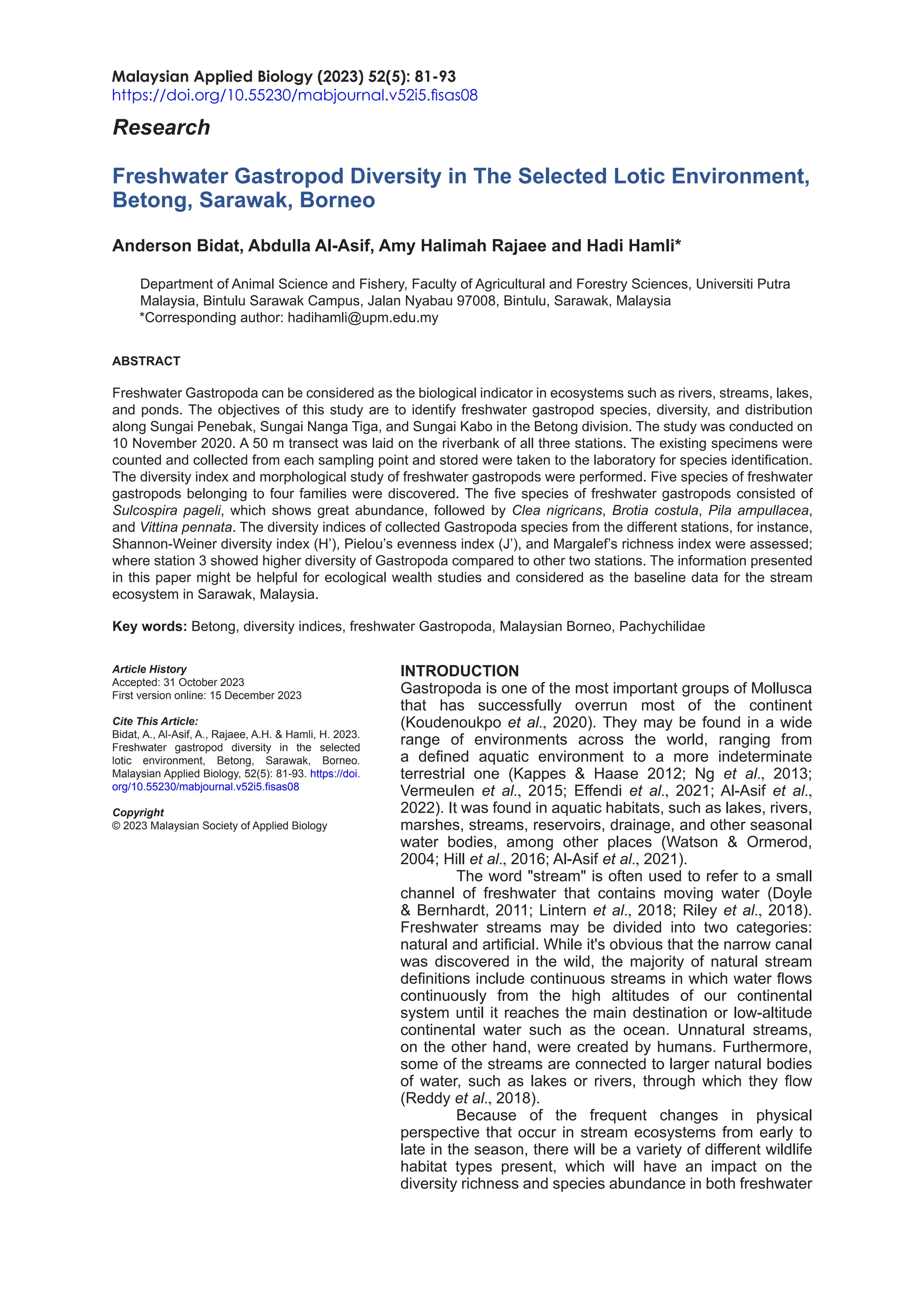 Freshwater gastropod diversity in the selected lotic environment ...