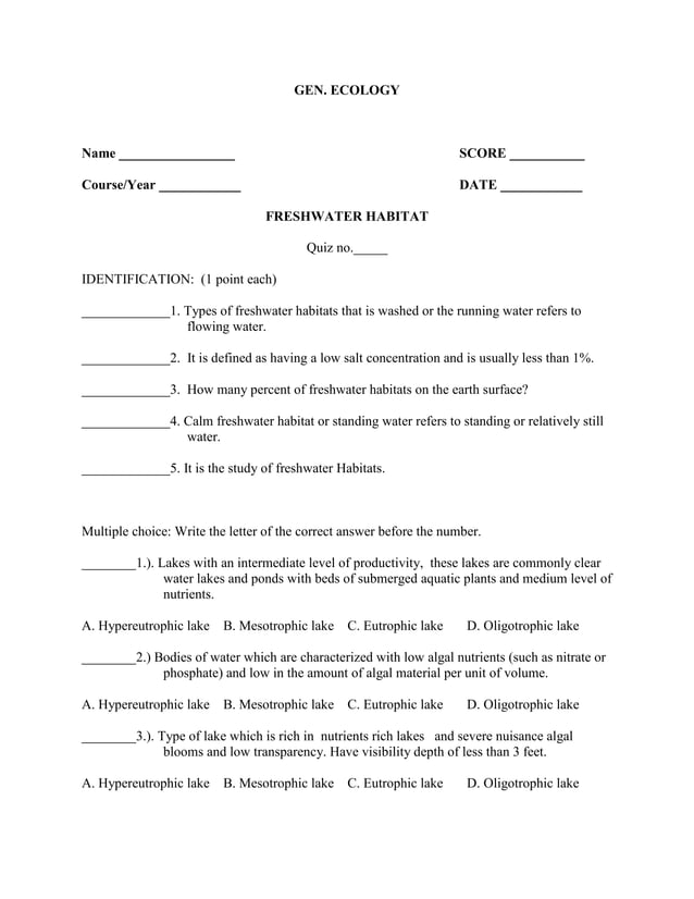 Freshwater quiz | DOCX | Geography | Science