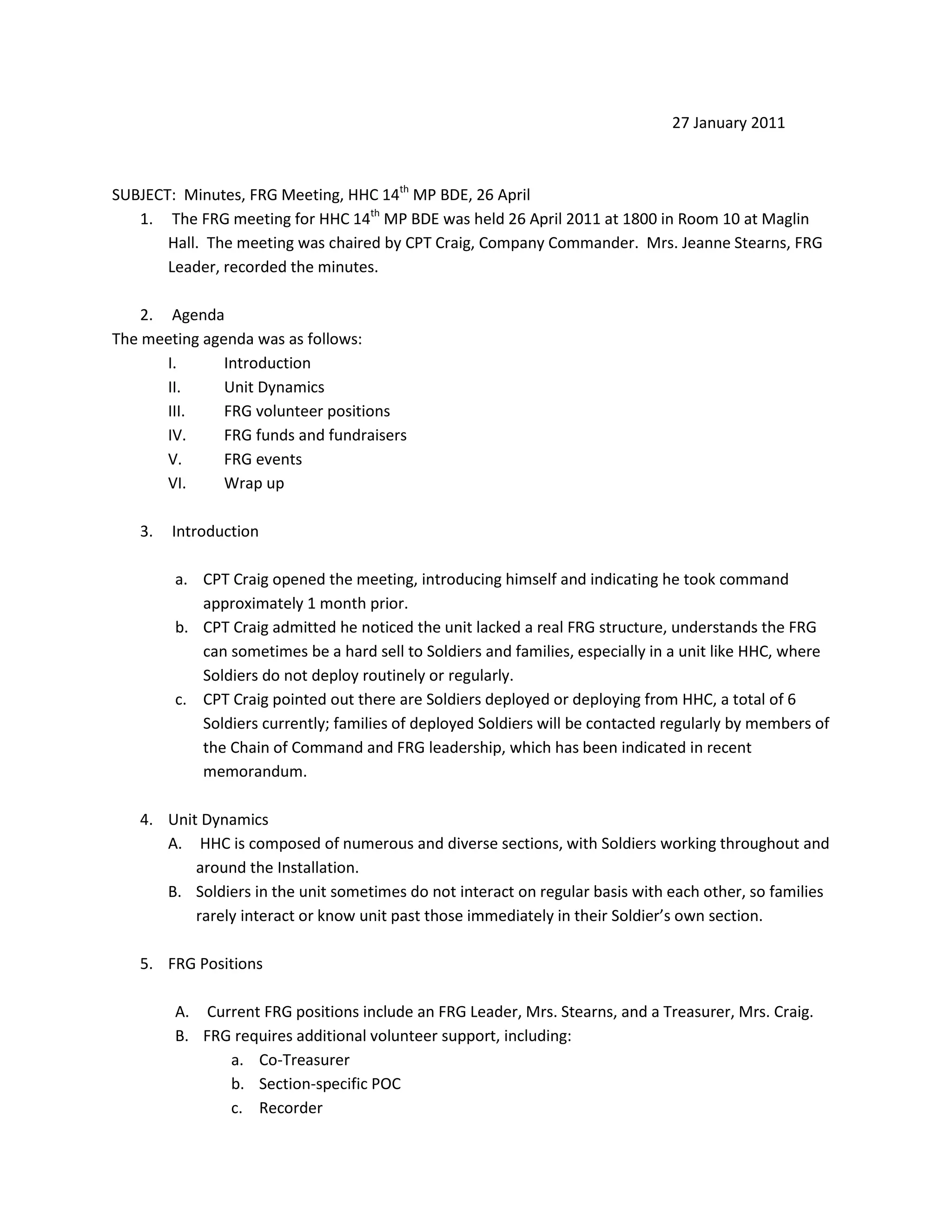 April 26 FRG Meeting, HHC 14th MP Bde | PDF