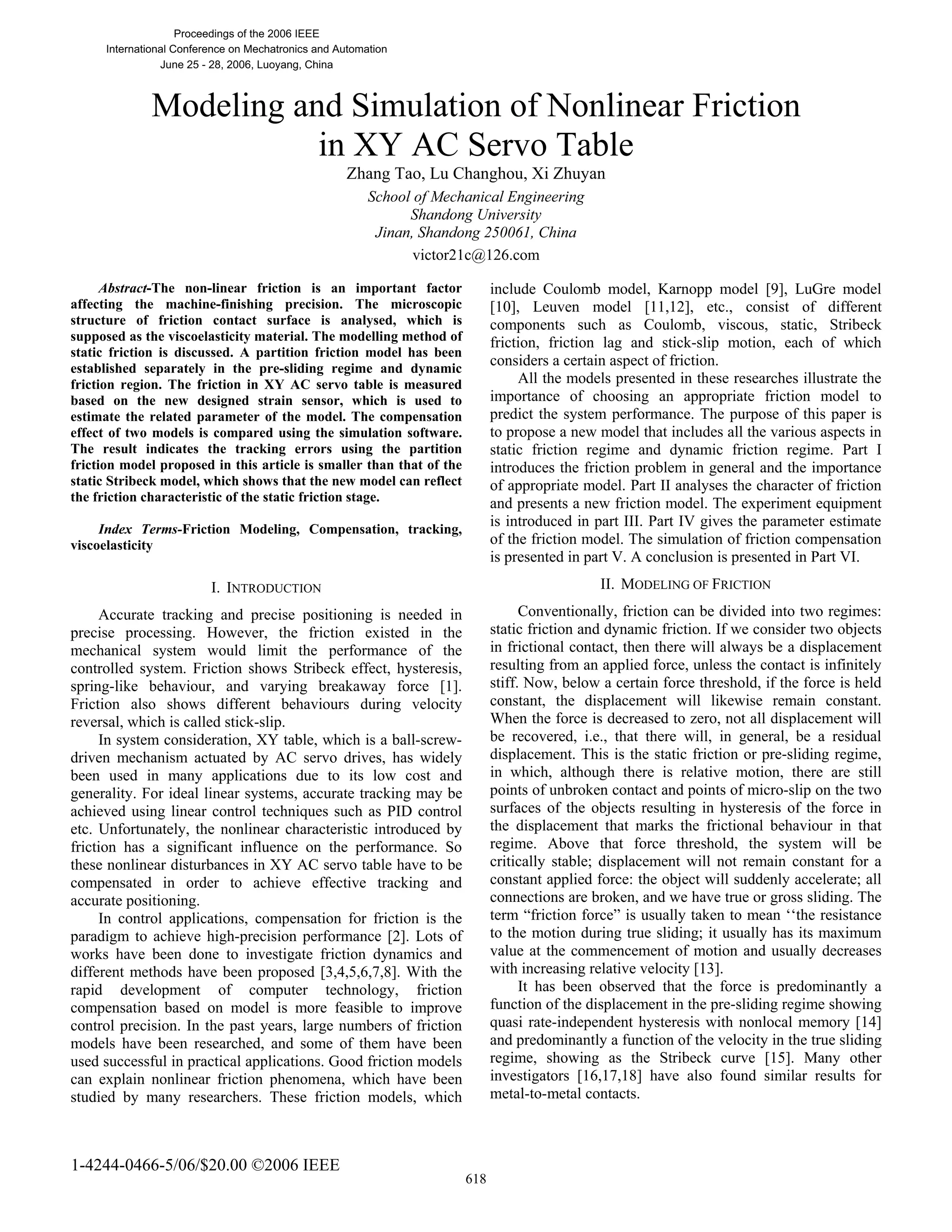 Modeling and Simulation of Nonlinear Friction in XY AC Servo Table | PDF