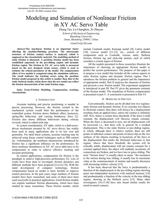 Modeling and Simulation of Nonlinear Friction in XY AC Servo Table | PDF