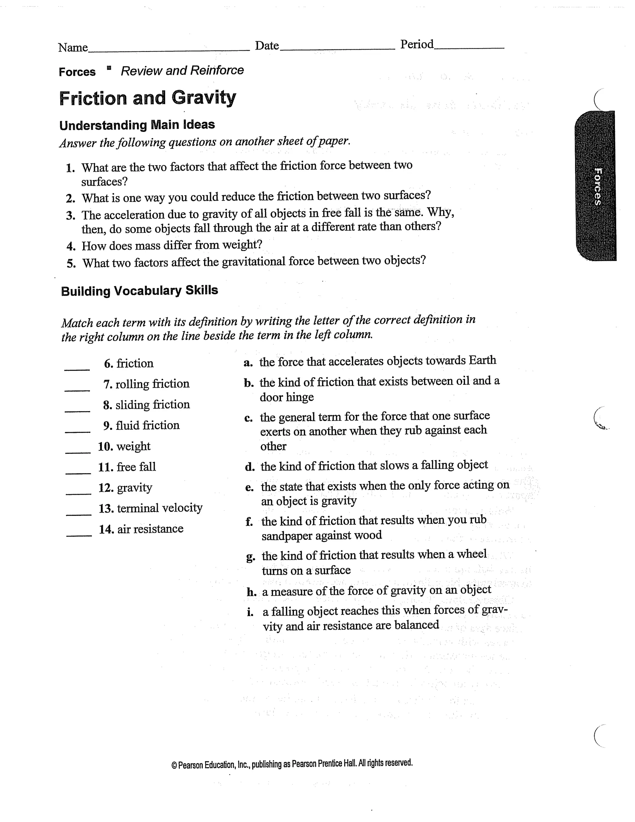Friction and gravity worksheet | PDF