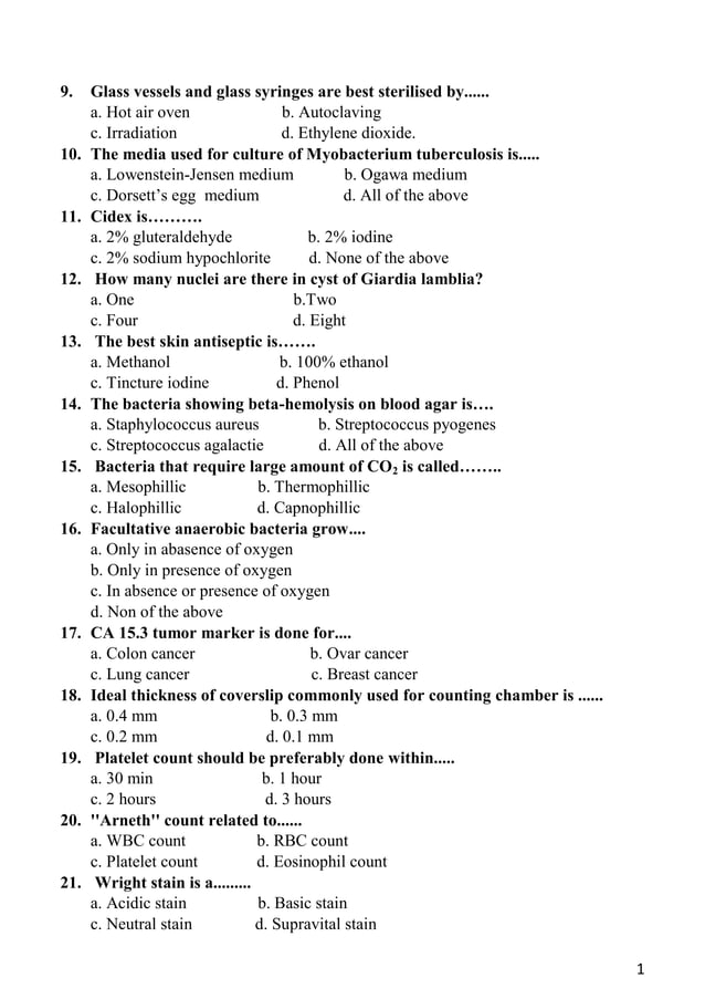 MCQ for Medical Lab Technician | PDF | Blood Disorders | Diseases and ...