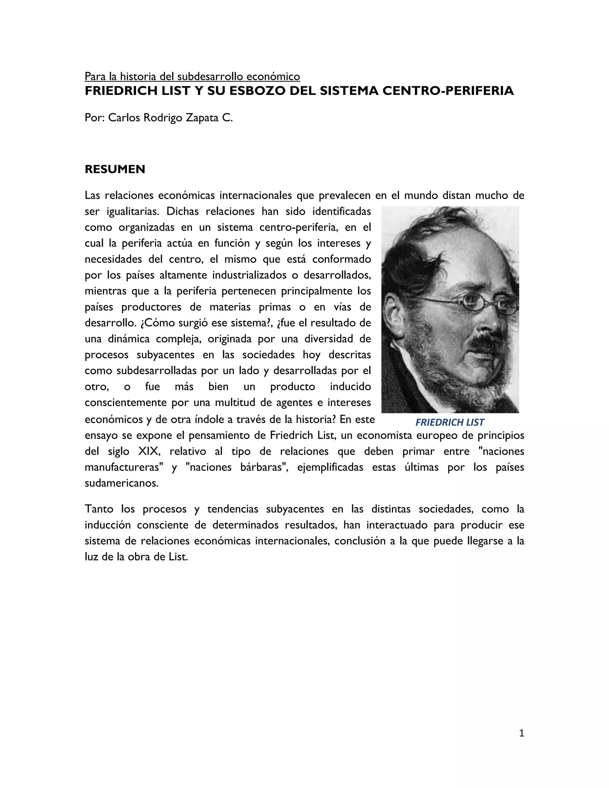 Friedrich list y su esbozo del sistema centro periferia | PDF