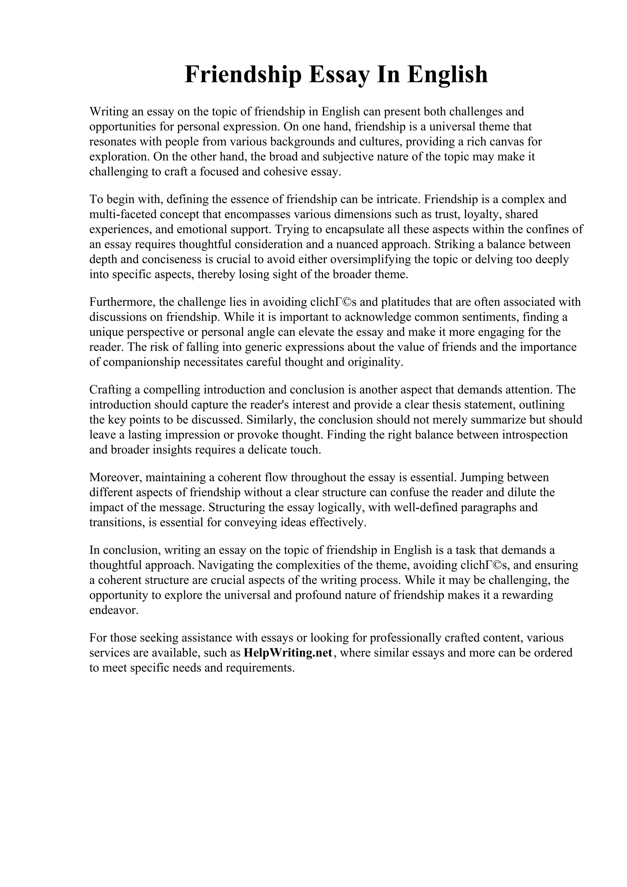 Friendship Essay In English | PDF