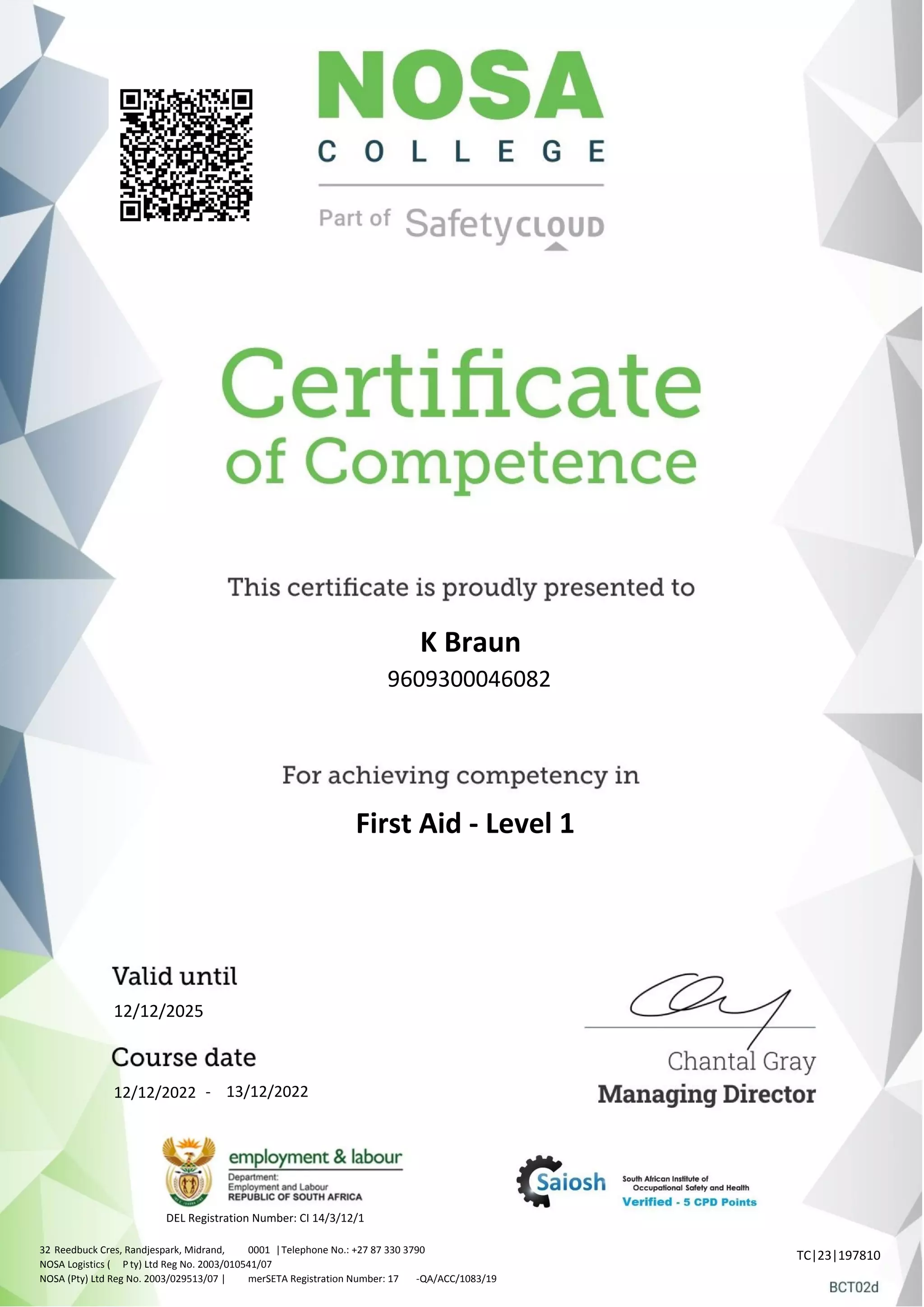 Frist Aid Level 1 Training Certificate - Kirsten Braun.pdf