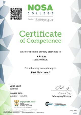 Frist Aid Level 1 Training Certificate - Kirsten Braun.pdf