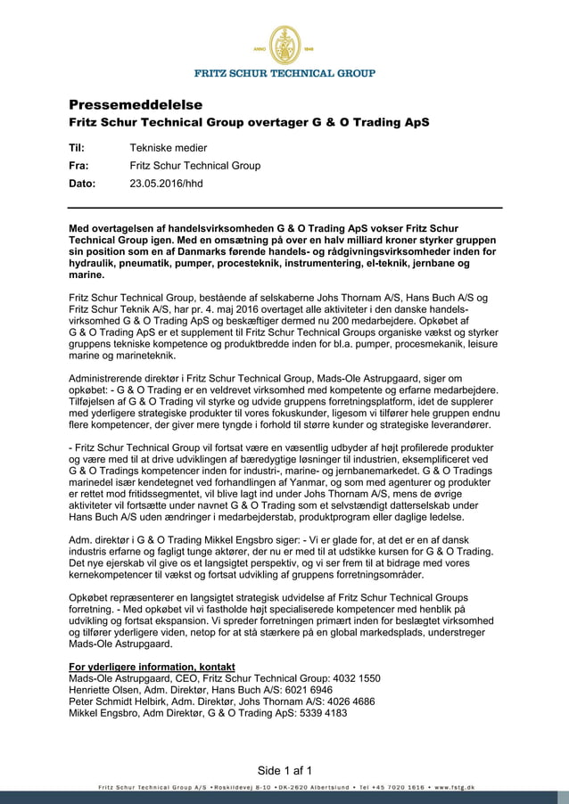 Fritz schur technical group overtager G & O trading aps | PDF