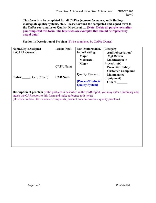 Frm 820 capa corrective preventive action med dev form | PDF