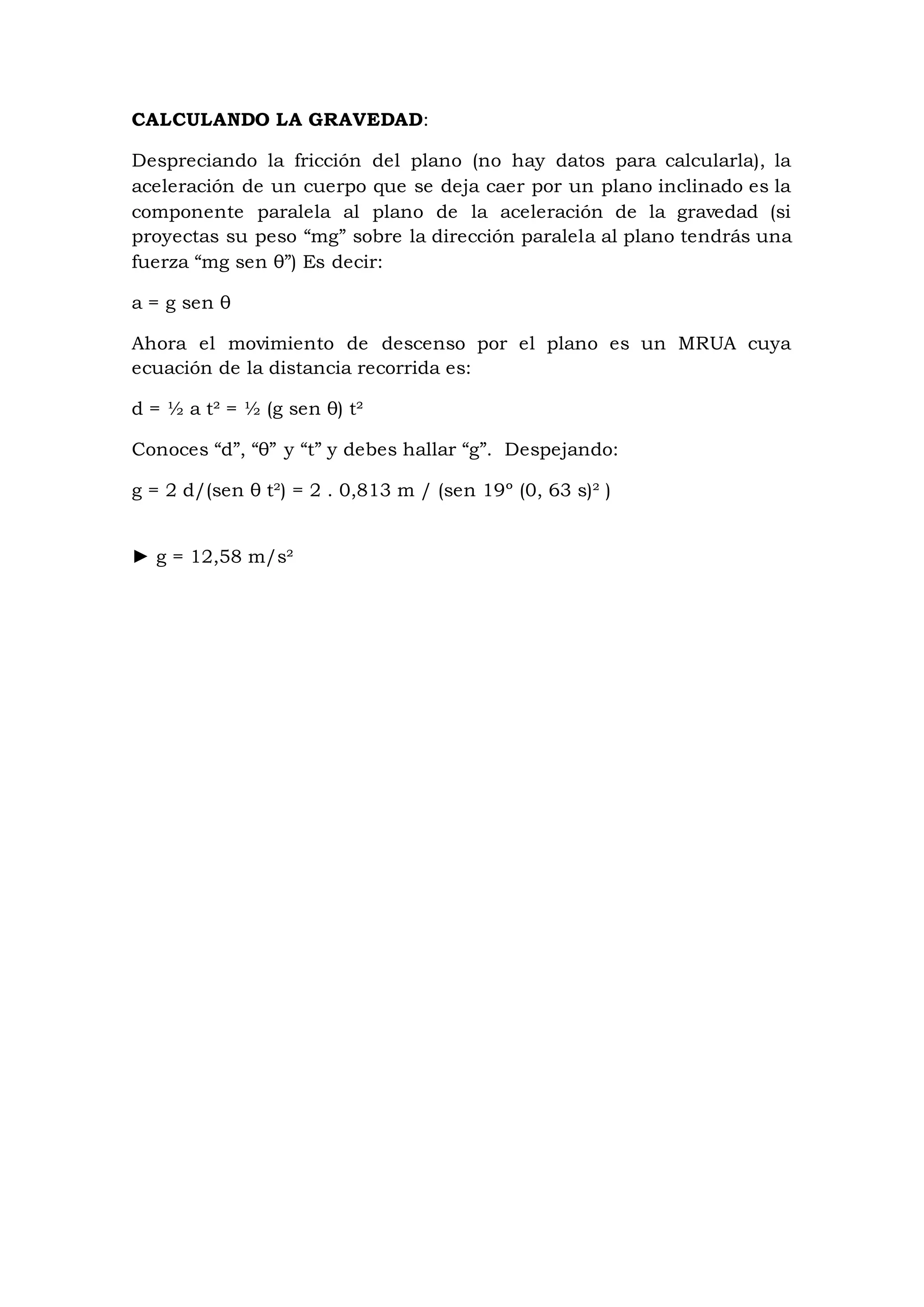Fórmula para calcular la gravedad en plano inclinado | DOCX