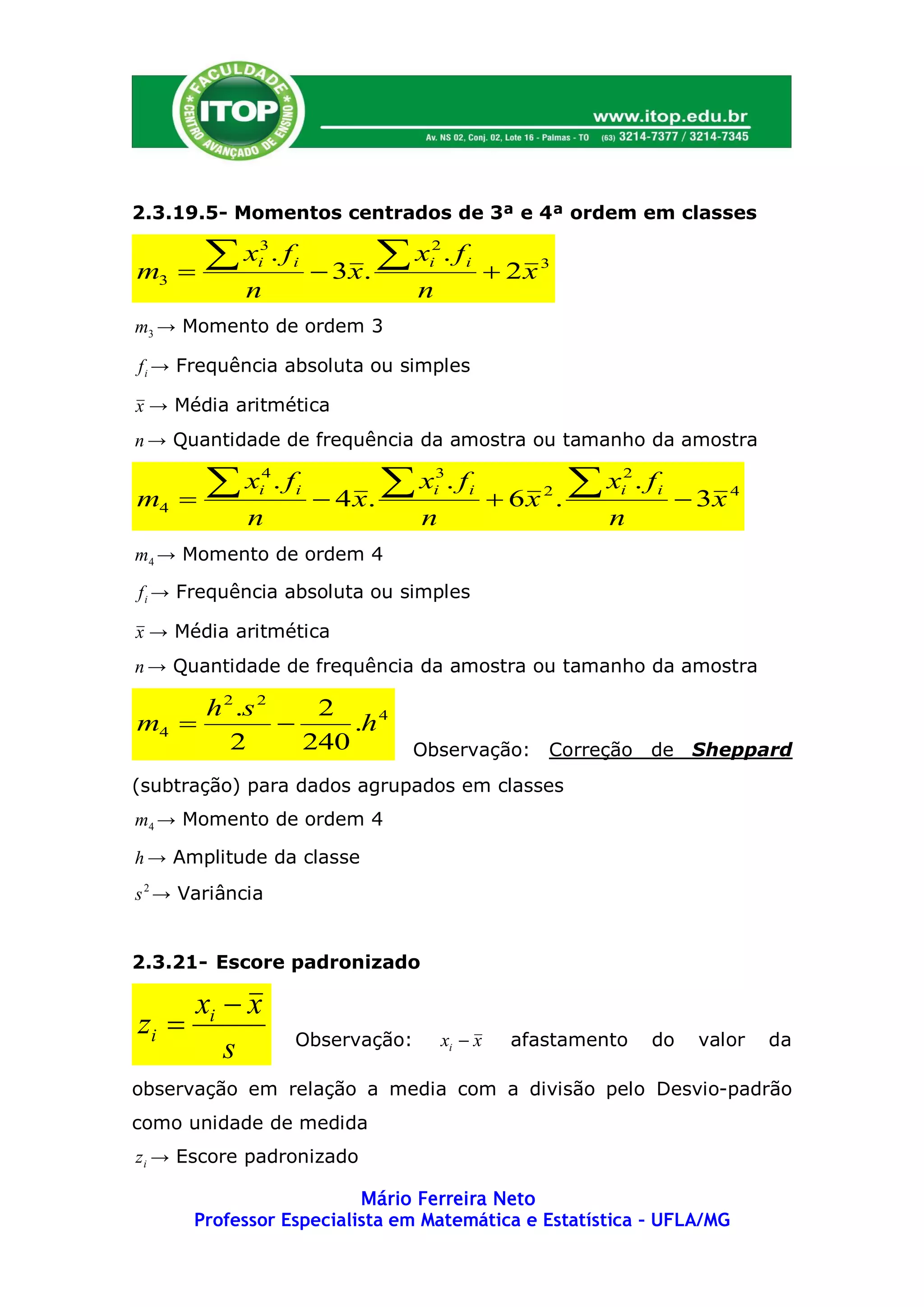 Fórmulas estatística - medidas - central e dispersão | PDF