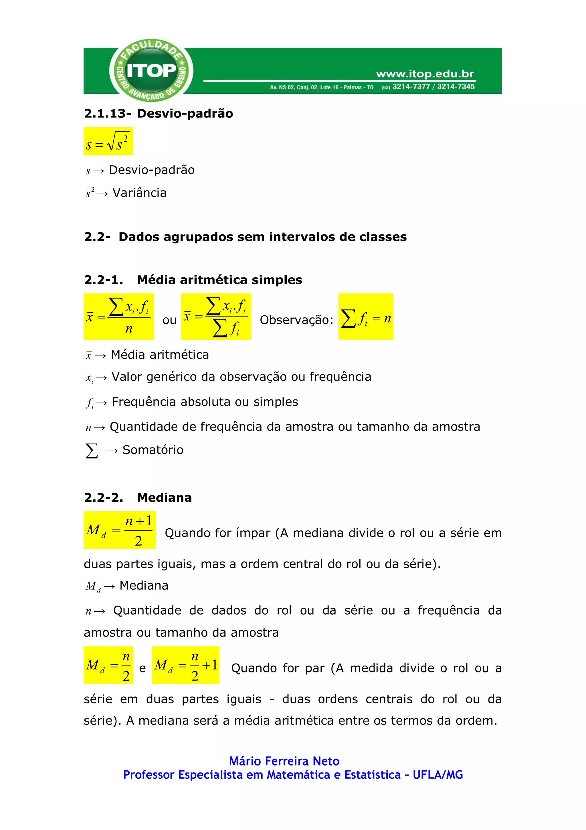 Fórmulas estatística - medidas - central e dispersão | PDF