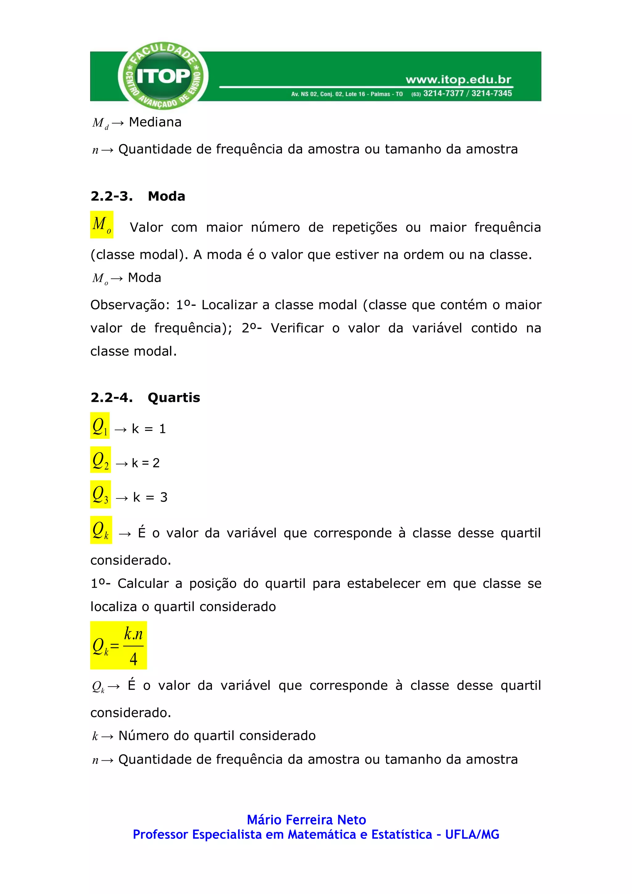 Fórmulas estatística - medidas - central e dispersão | PDF