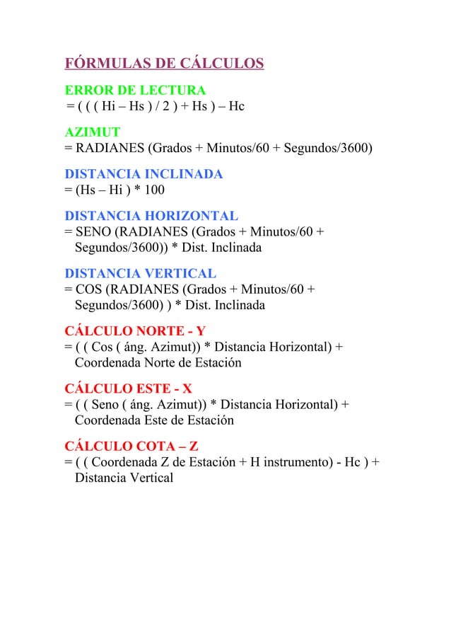 Fórmulas de cálculos