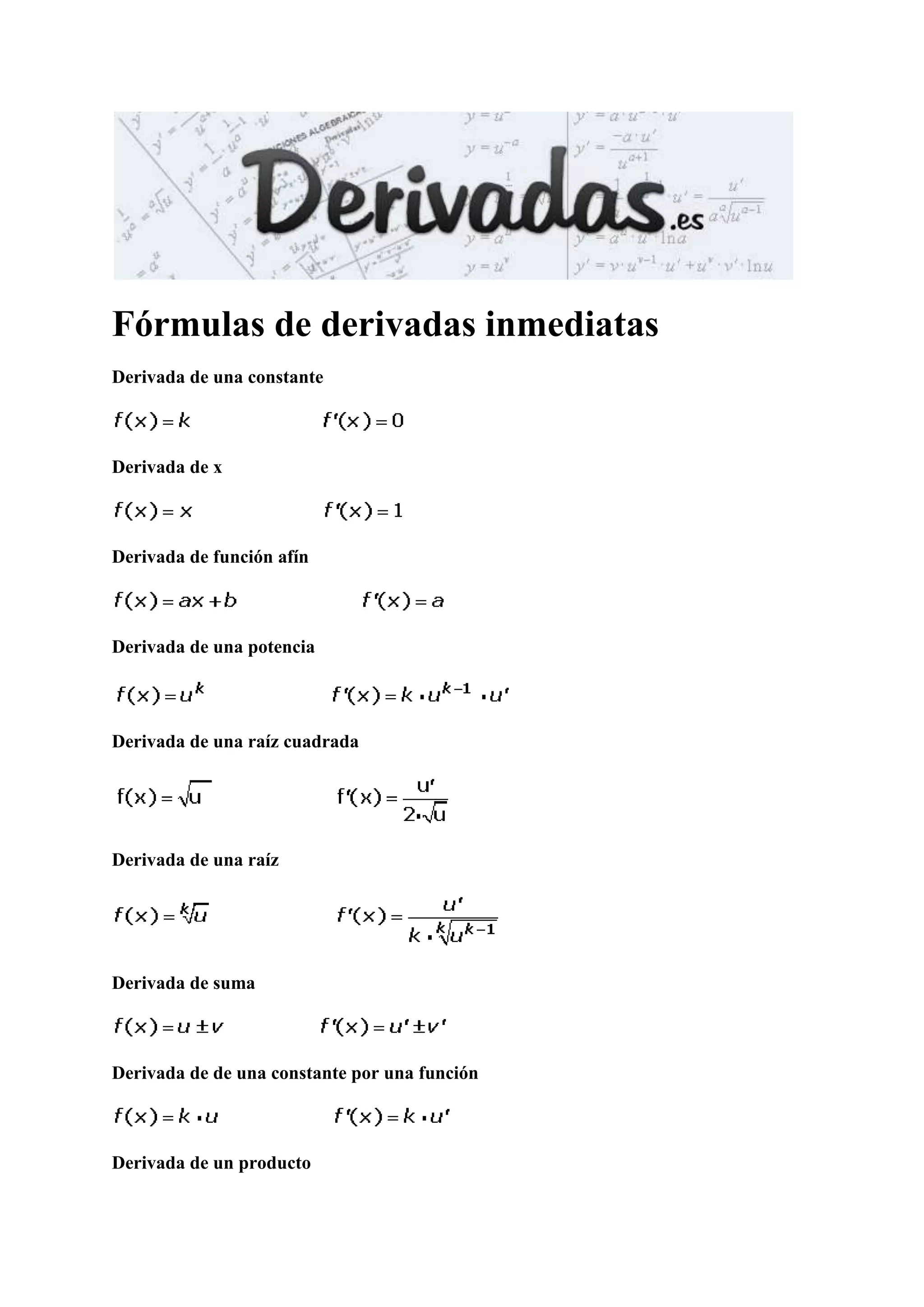 Fórmulas De Derivadas Inmediatas Docx 9650