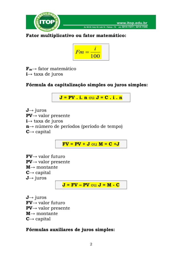Fórmulas e nomenclaturas de matemática financeira