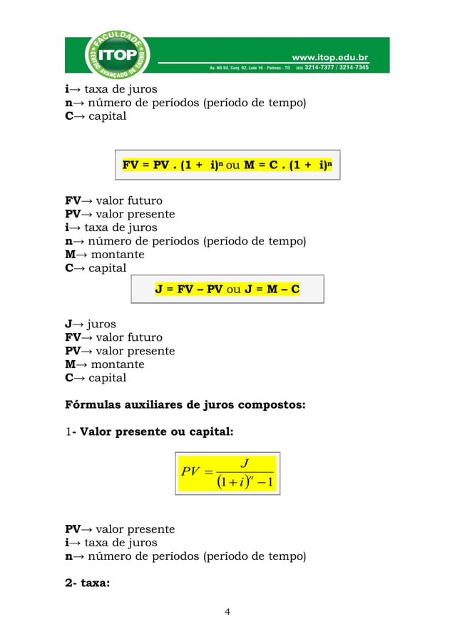 Fórmulas e nomenclaturas de matemática financeira