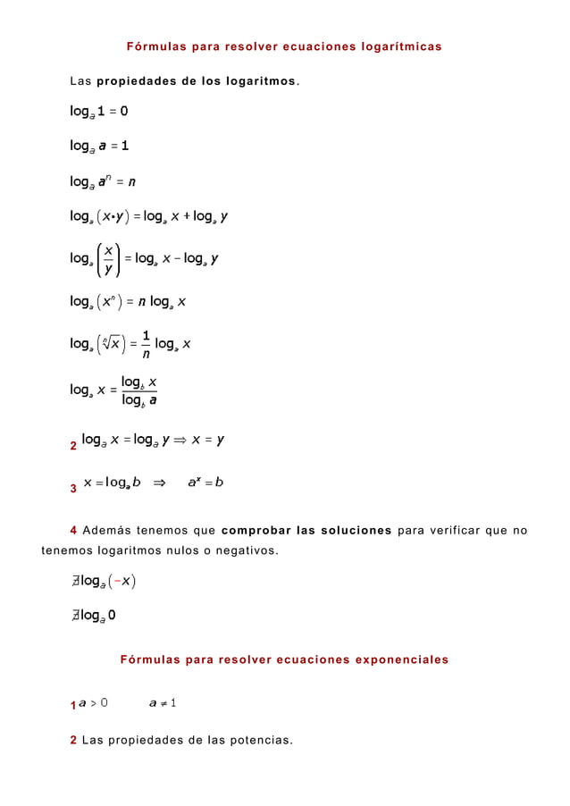 Fórmulas para resolver ecuaciones logarítmicas | PDF