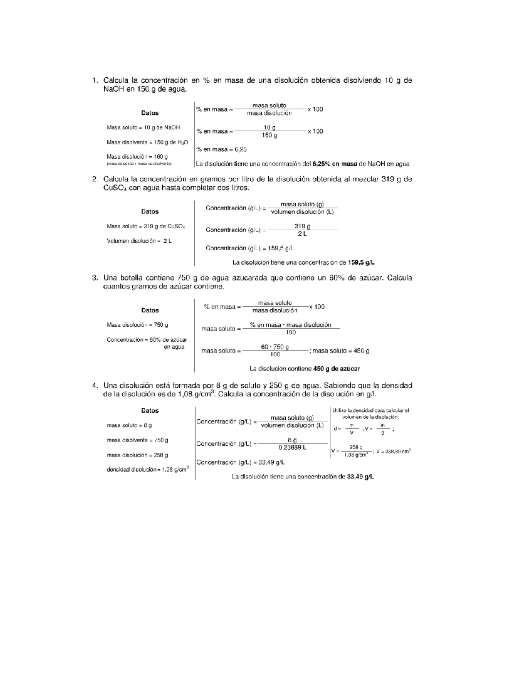 Fórmulas para resolver ejercicios y problemas de disoluciones | PDF