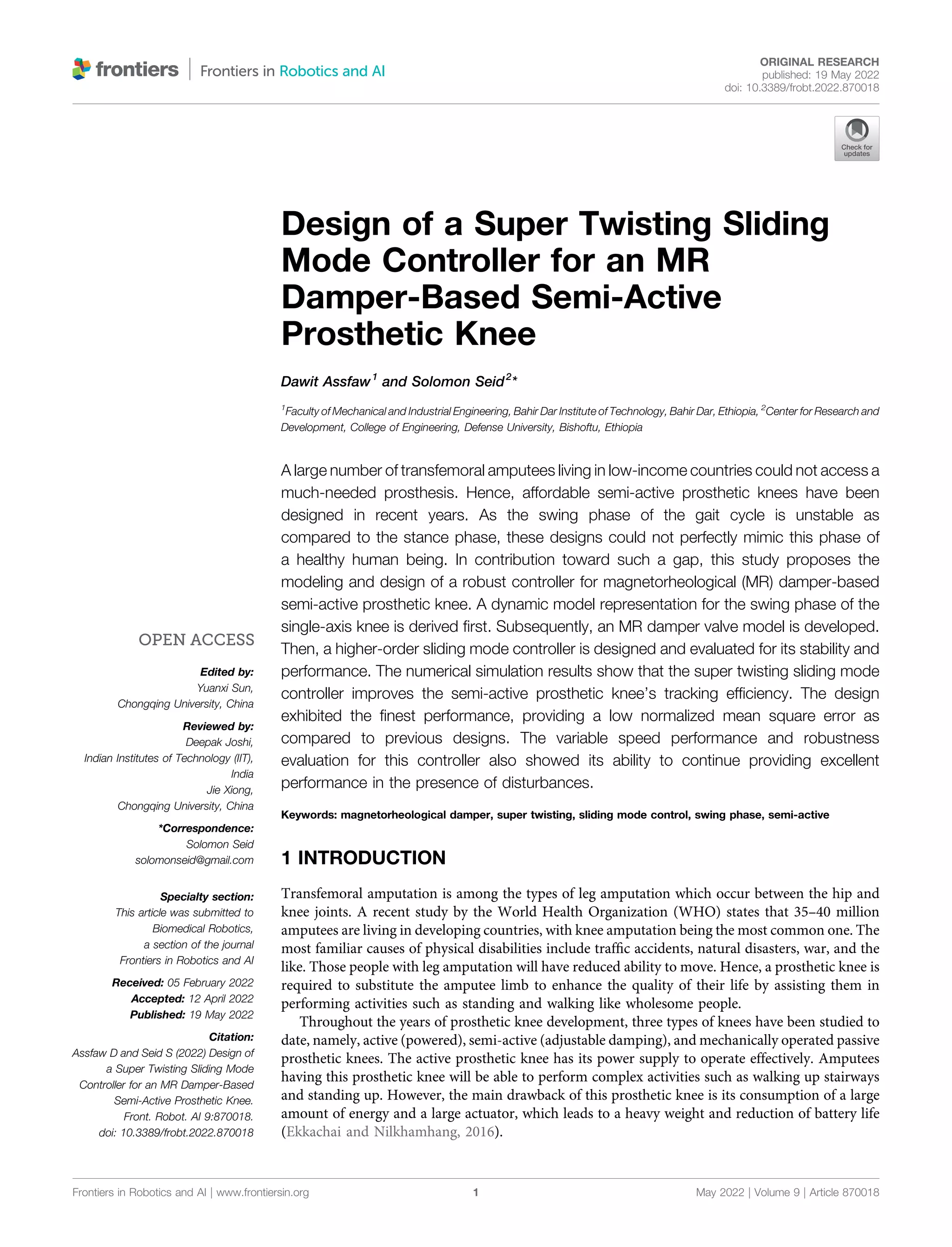 Design Of A Super Twisting Sliding Mode Controller For An Mr Damper Based Semi Active Prosthetic