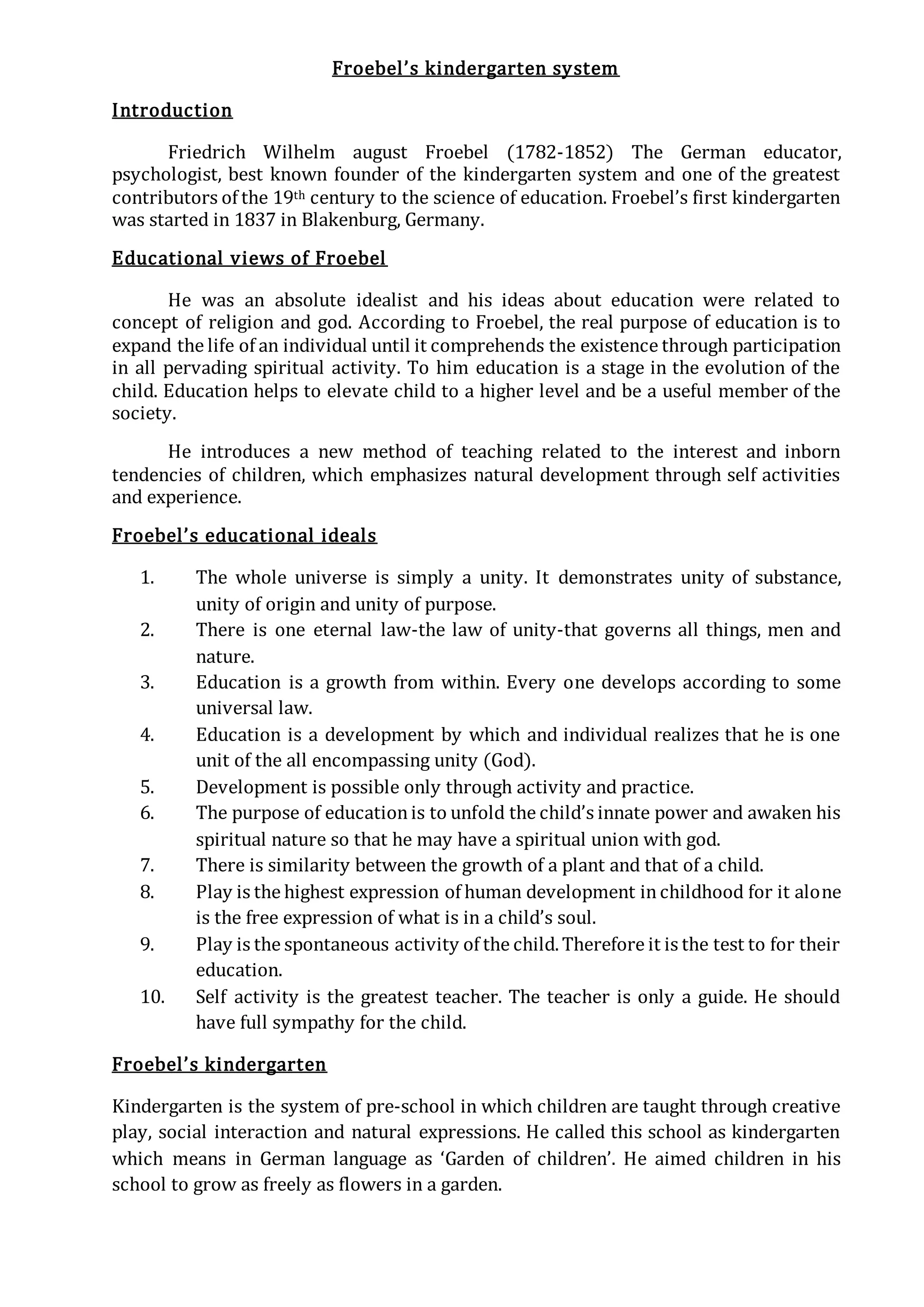 Froebel's Kindergarten System | DOCX