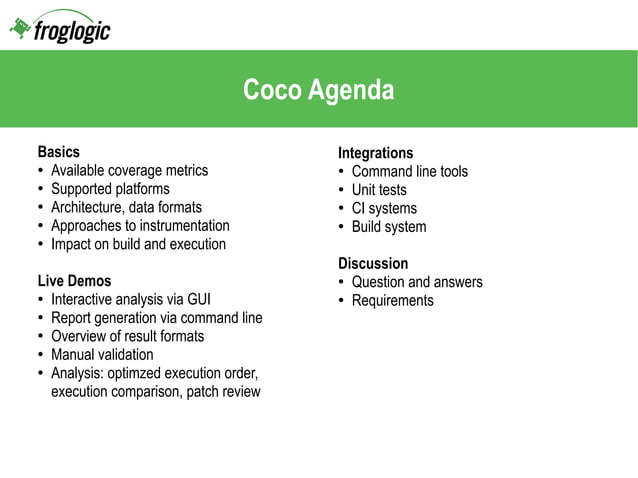 froglogic Coco Code Coverage Presentation | PDF