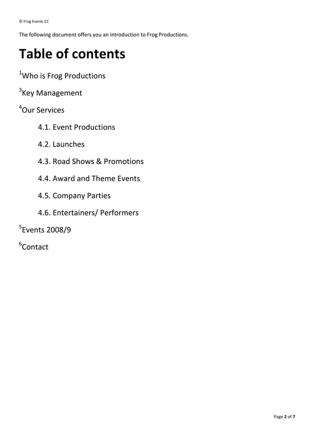 Frog Productions Company Profile (Up To March 2010) | PDF