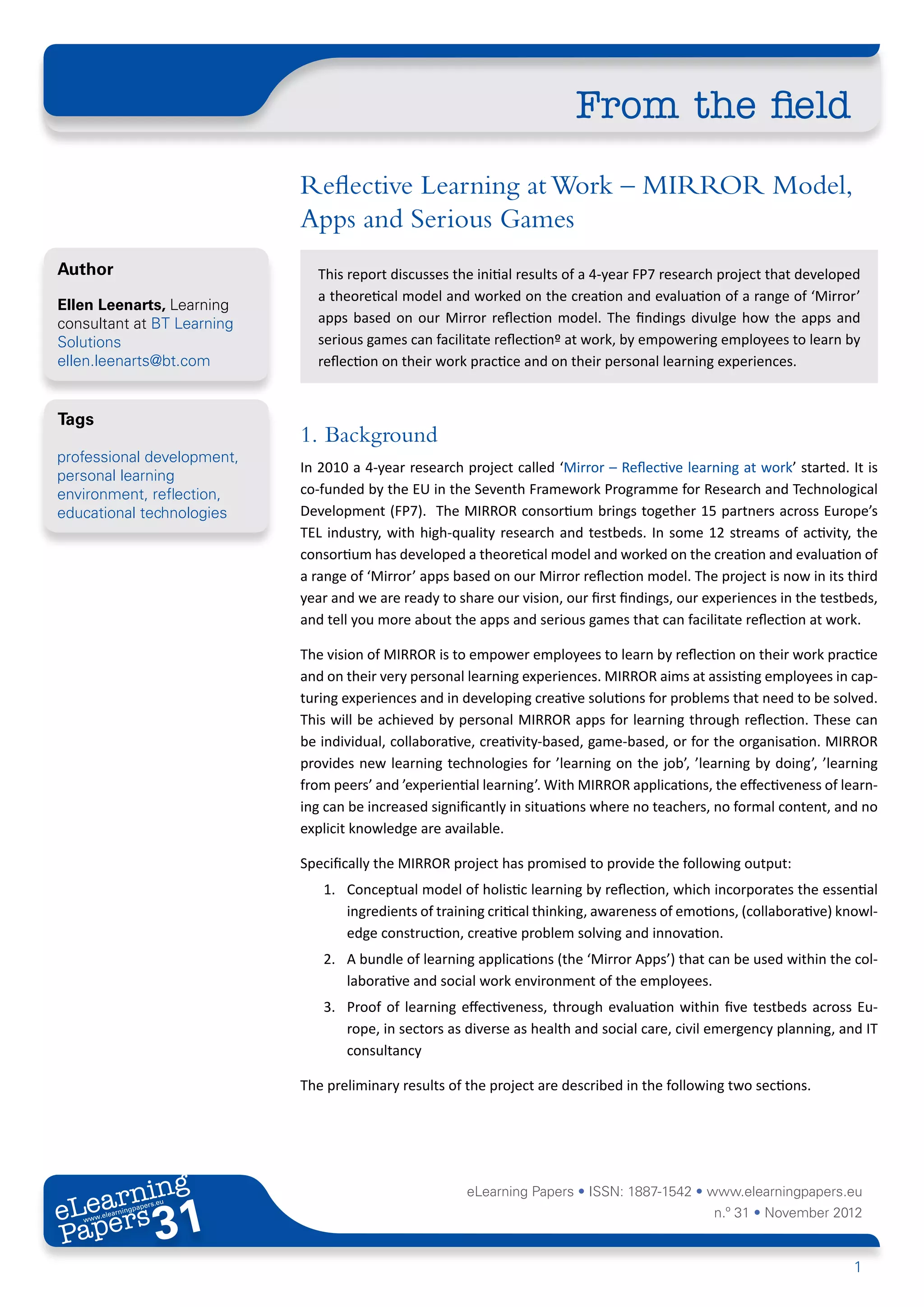 Reflective Learning at Work – MIRROR Model, Apps and Serious Games | PDF