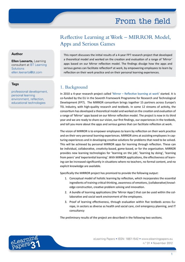 Reflective Learning at Work – MIRROR Model, Apps and Serious Games | PDF
