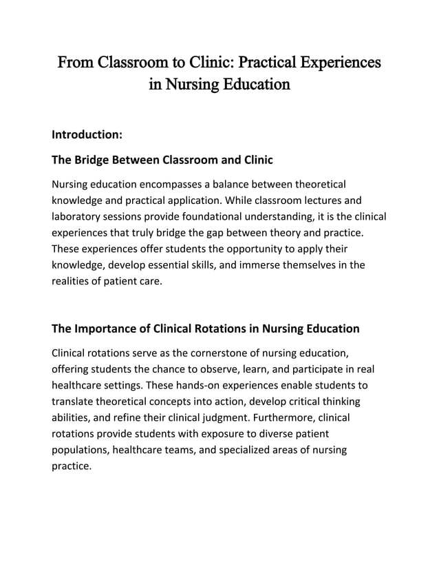 From Classroom to Clinic: Practical Experiences in Nursing Education | PDF