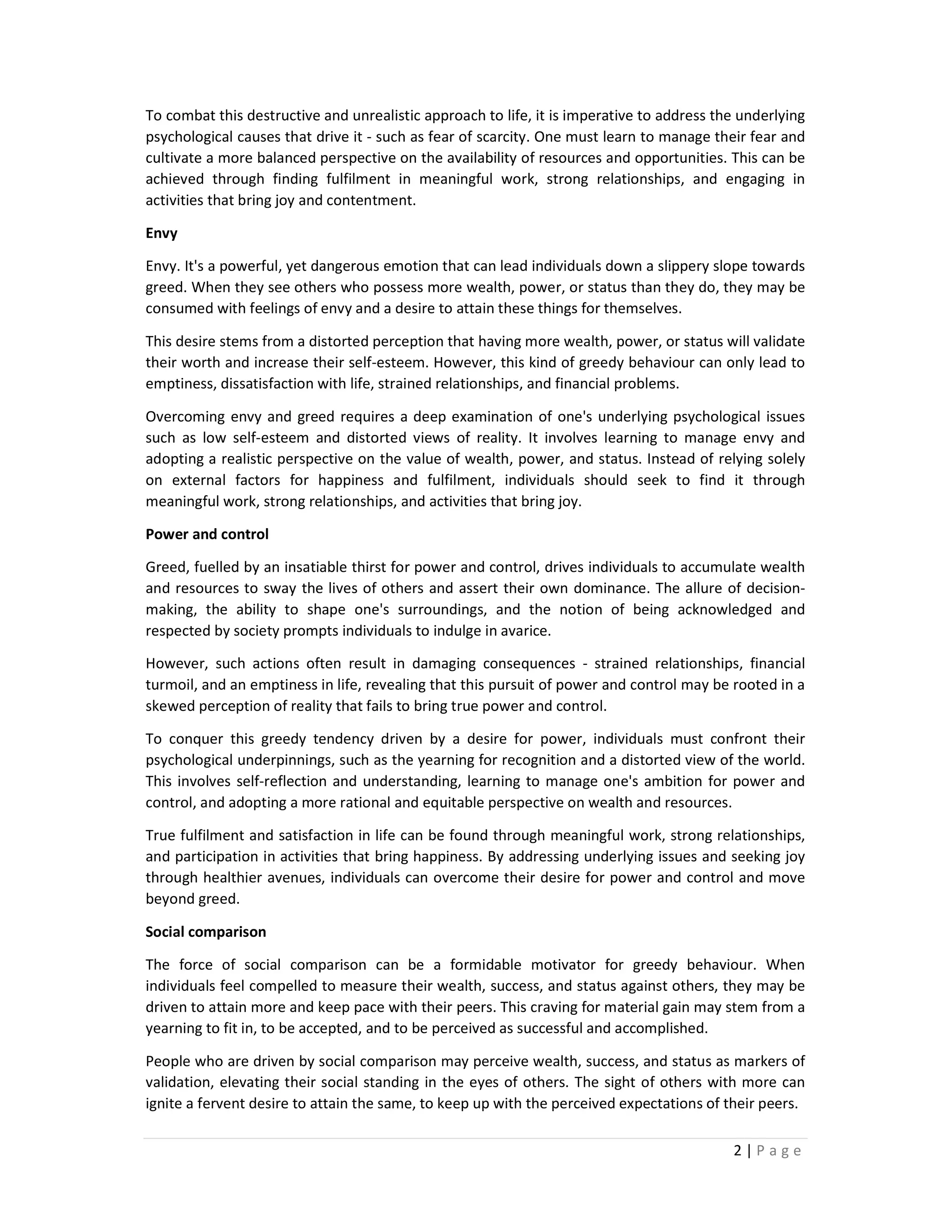 From Fear to Envy Greed A Complex Psychological Phenomenon | PDF