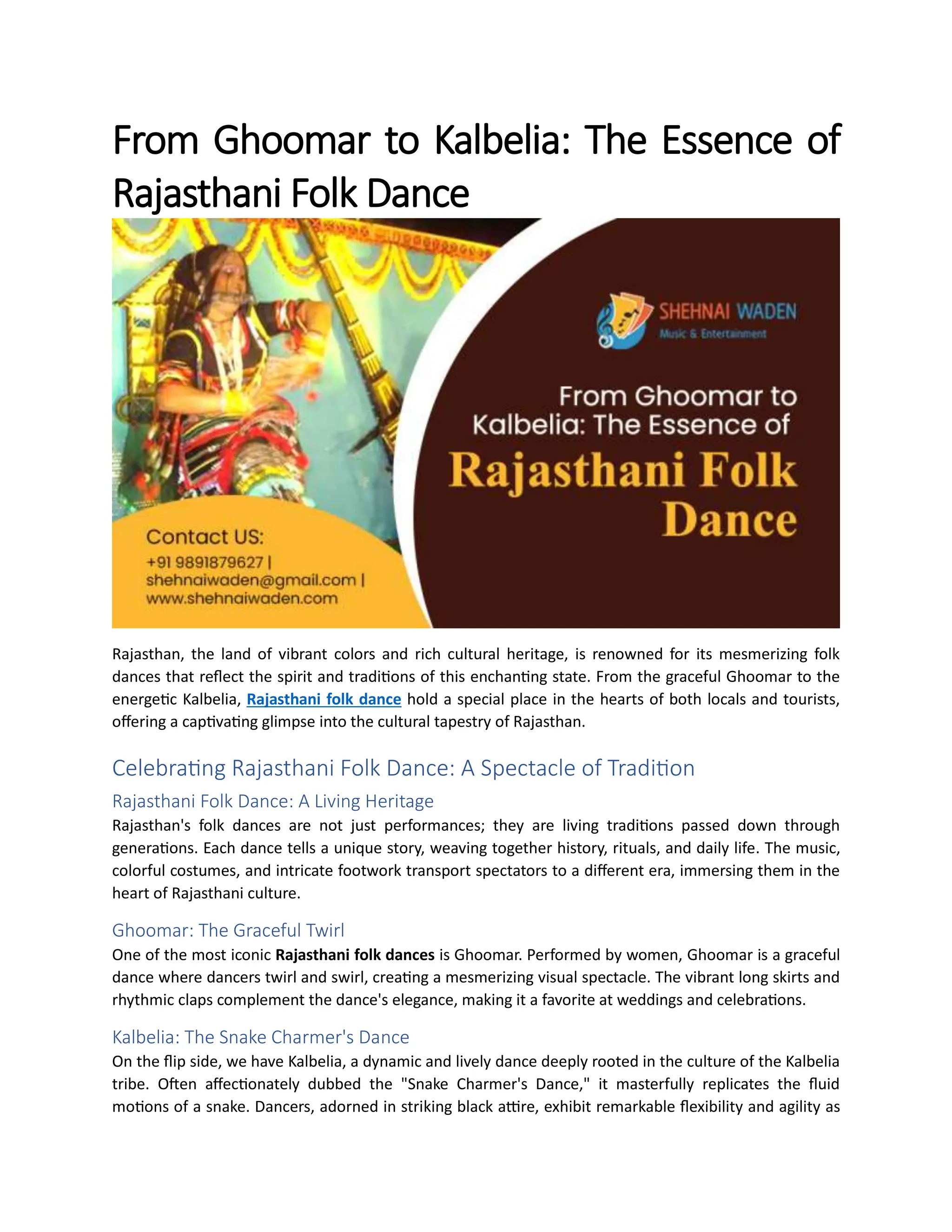 From Ghoomar to Kalbelia: The Essence of Rajasthani Folk Dance | PDF