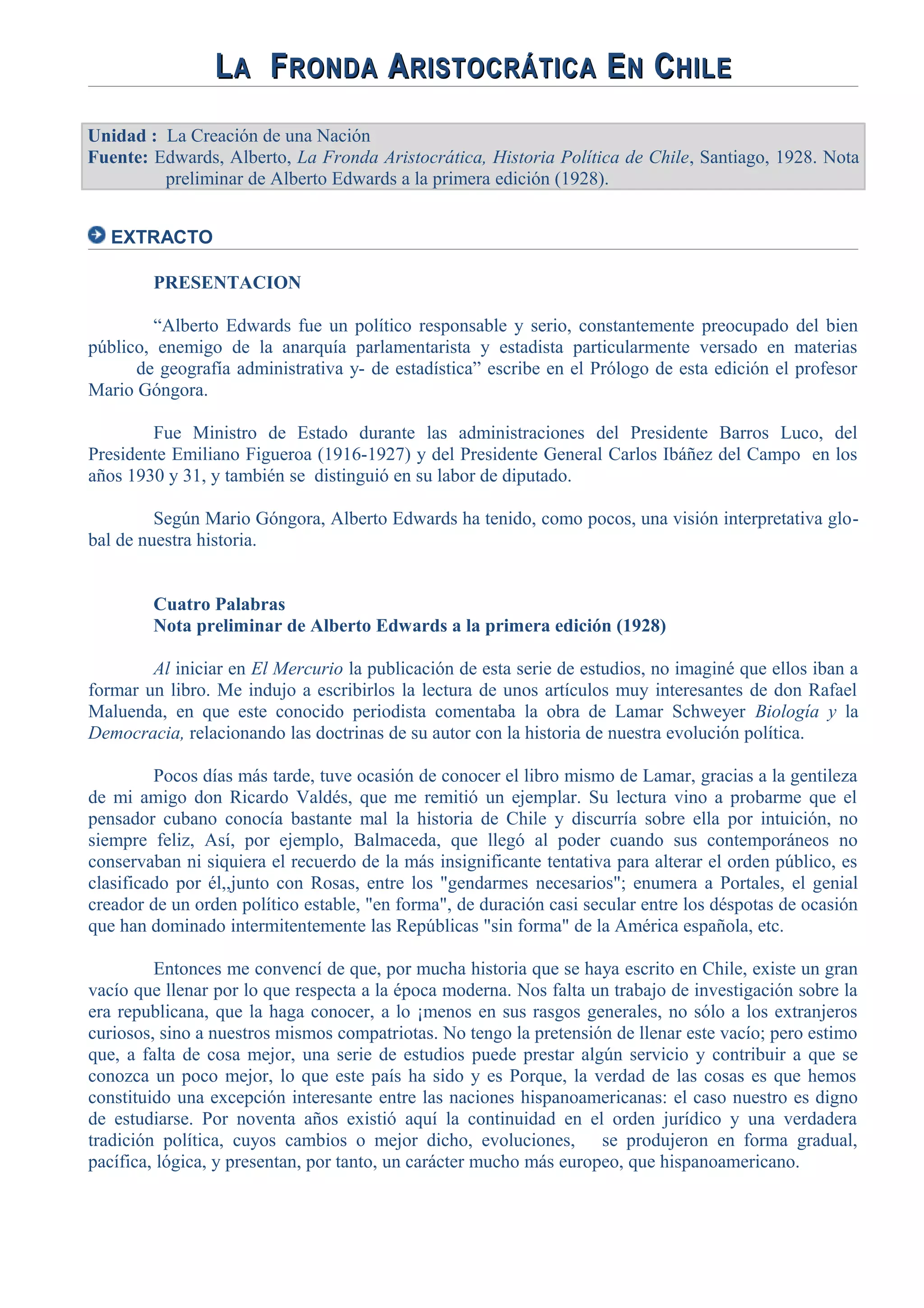 LA FRONDA ARISTOCRÁTICA EN CHILE | DOC
