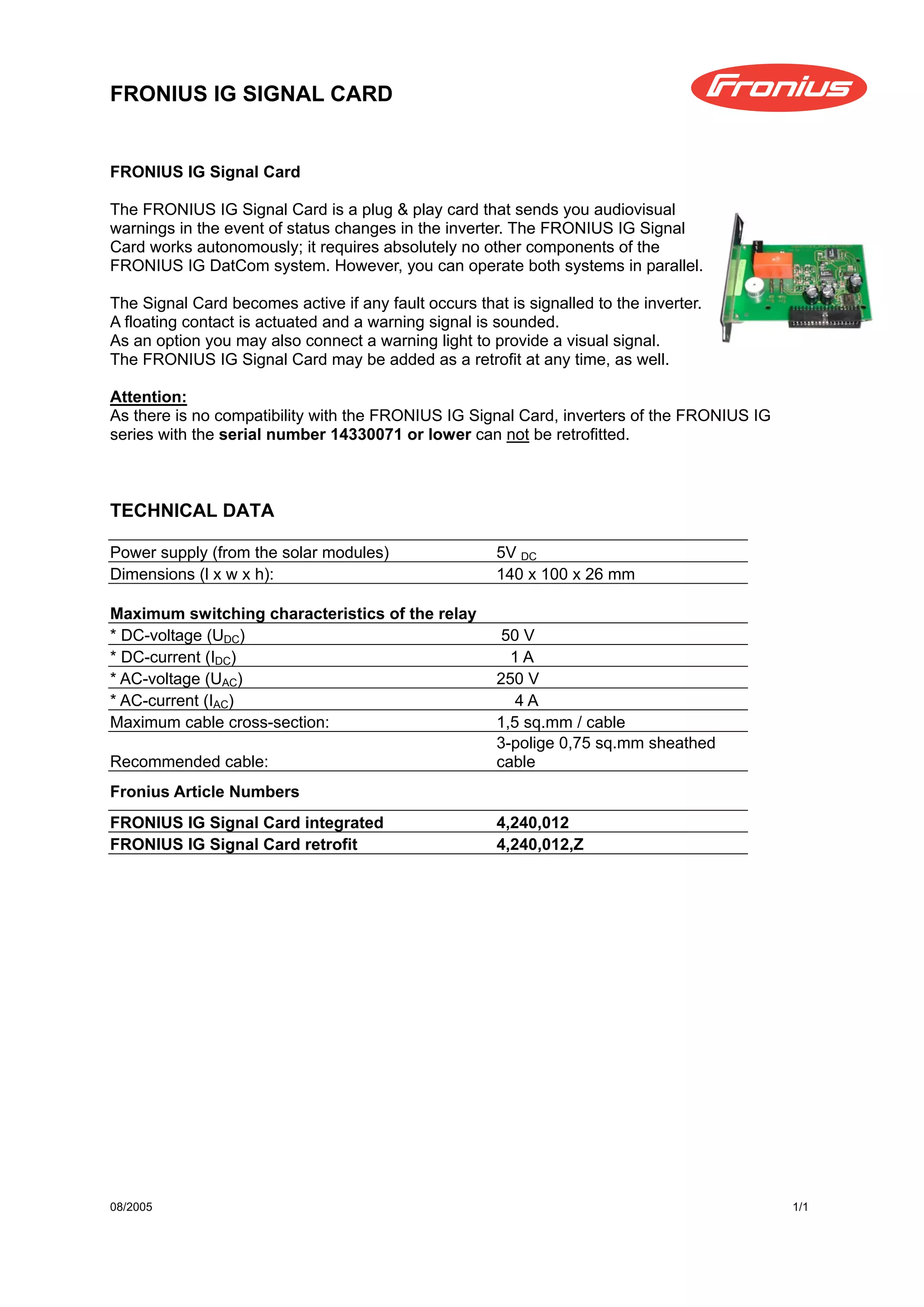 Fronius ig signal card masber solar | PDF | Technology & Computing