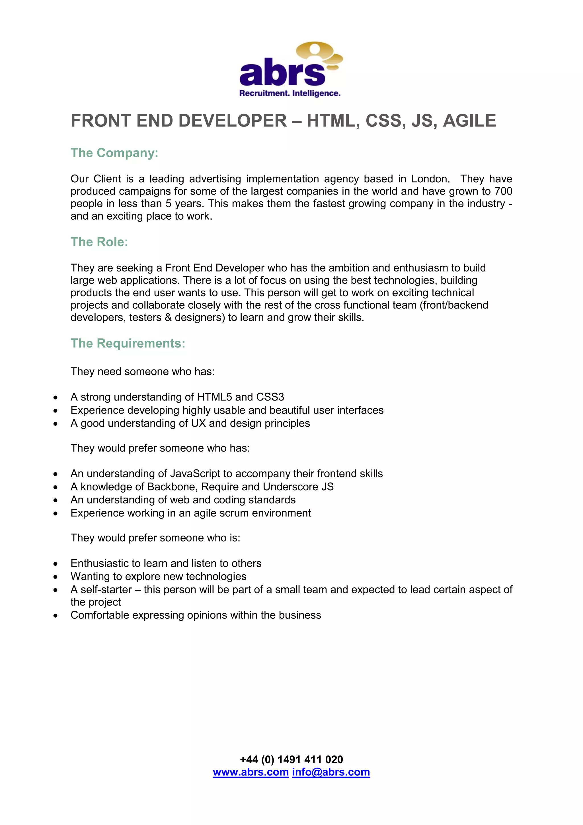 FRONT END DEVELOPER – HTML, CSS, JS, AGILE. See @Bradley_abrs | PDF FRONT END DEVELOPER – HTML, CSS, JS, AGILE. See @Bradley_abrs | PDF