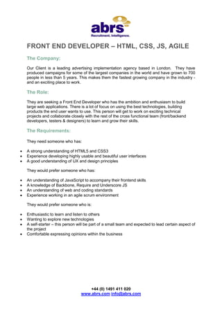 FRONT END DEVELOPER – HTML, CSS, JS, AGILE. See @Bradley_abrs | PDF