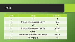 Front Office(Pre-arrival procedure for FIT, VIP & Groups) | PPTX