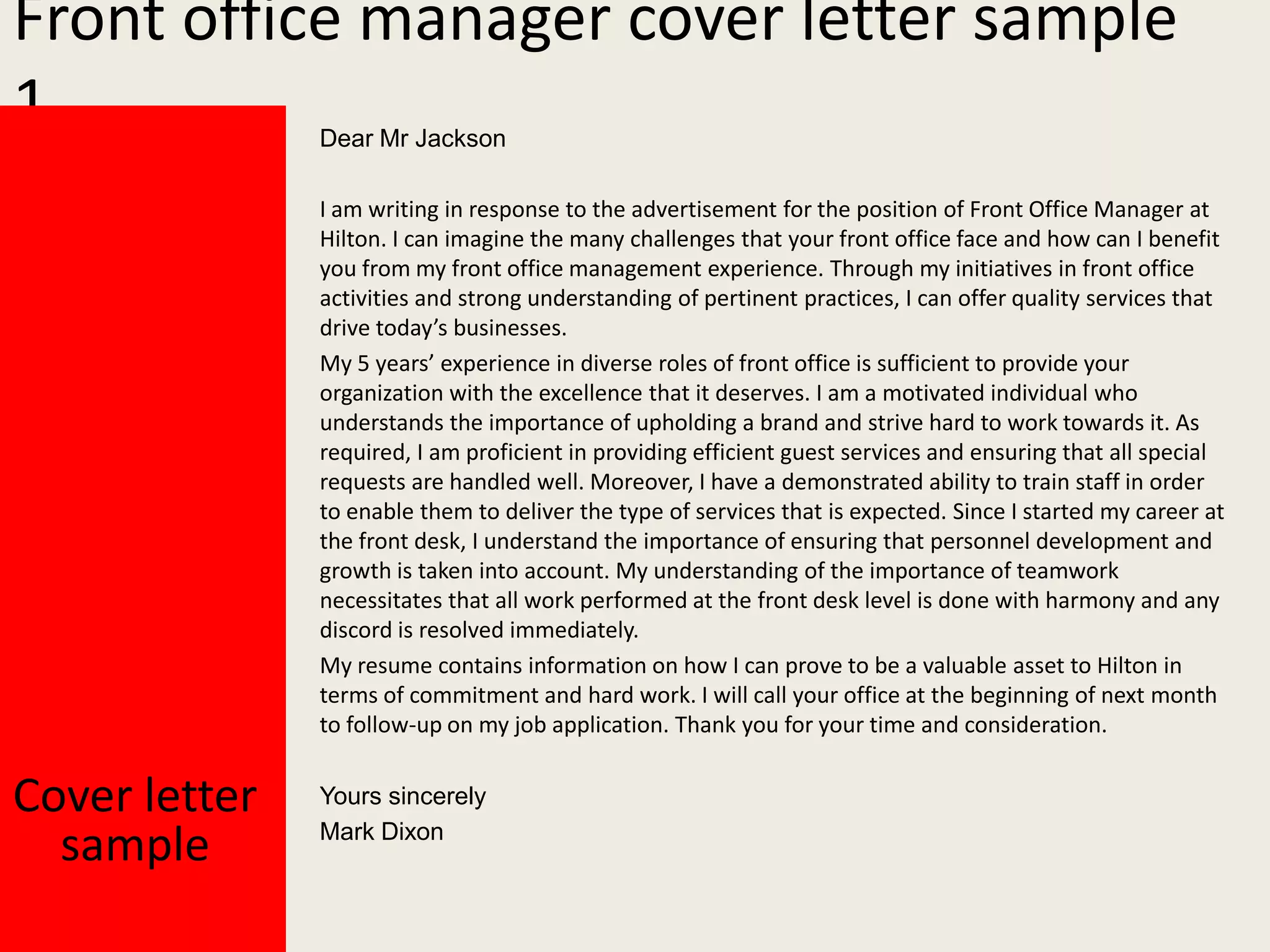 Front office manager cover letter | PPTX